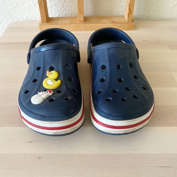 CROCS | Shoes | Crocs Blue Clogs With Red Stripe Jibbitz Size Size ...